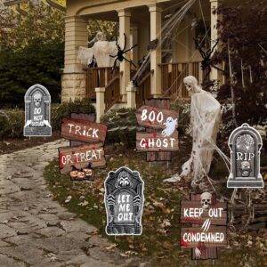 KORHONEN Halloween Tombstone Yard Sign Decorations, 6Pcs Glow in the Dark Halloween Decorations with Gravestone RIP and Beware Sign, Halloween Props for Yard Garden Outdoor Halloween Party Decor