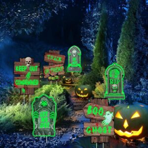 KORHONEN Halloween Tombstone Yard Sign Decorations, 6Pcs Glow in the Dark Halloween Decorations with Gravestone RIP and Beware Sign, Halloween Props for Yard Garden Outdoor Halloween Party Decor