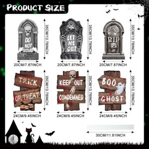 KORHONEN Halloween Tombstone Yard Sign Decorations, 6Pcs Glow in the Dark Halloween Decorations with Gravestone RIP and Beware Sign, Halloween Props for Yard Garden Outdoor Halloween Party Decor