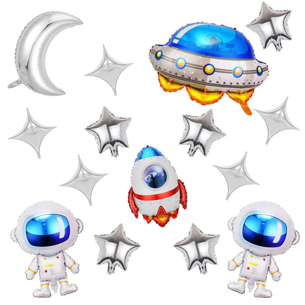 Siticoto Large Outer Space Balloon, 15 Pcs Astronaut Space Mylar Balloons Set Astronaut Spaceman Rocket Airship Moon Star UFO Helium Foil Balloons for Space Themed Party Supplies Birthday Decorations