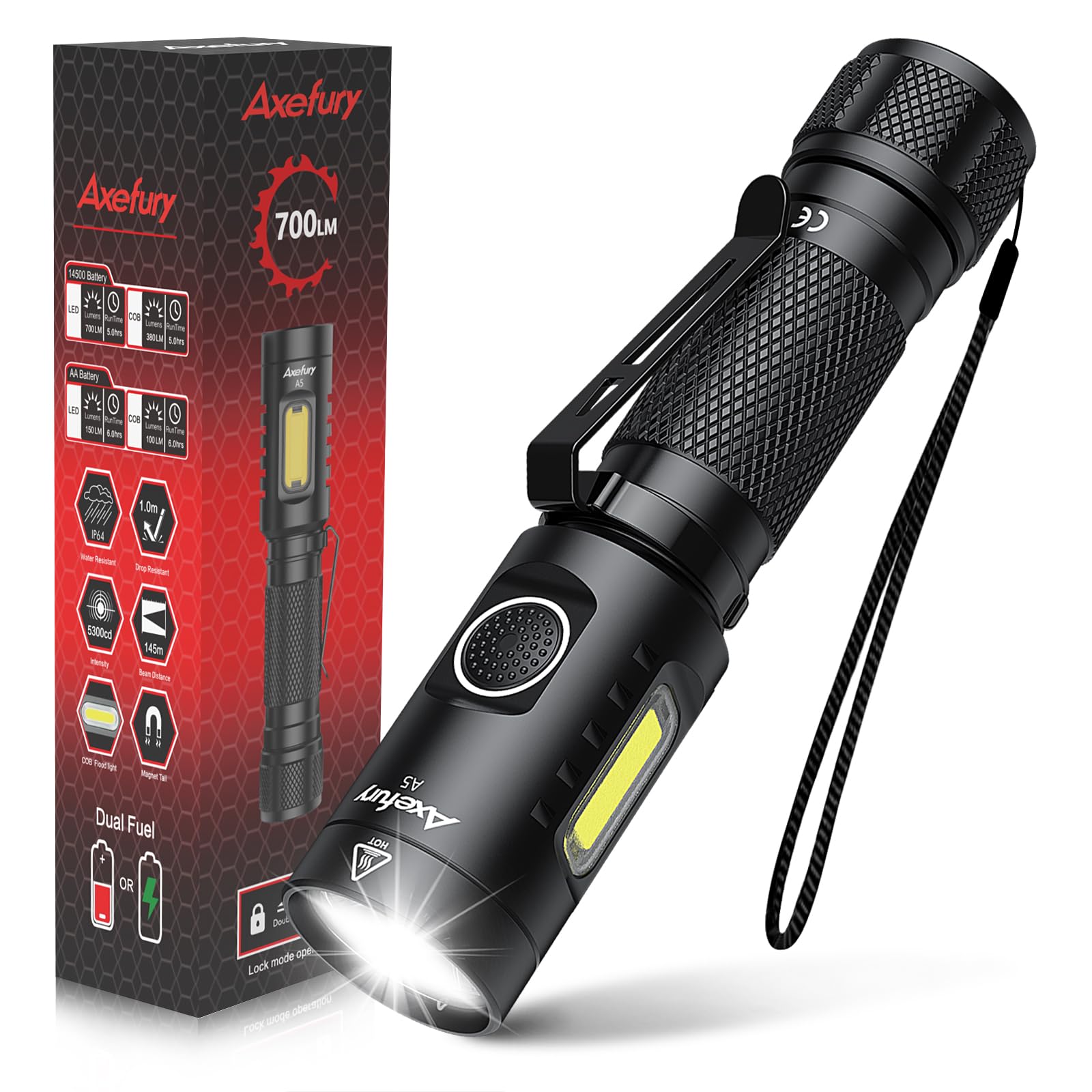 axefury Flashlight, Magnetic LED Flashlight,Small Powerful EDC Flashlight A5 with COB Side Light,700 lumens,6 Modes,2 Types Batteries,Waterproof for Camping, Emergency(Not Included Battery) Gift