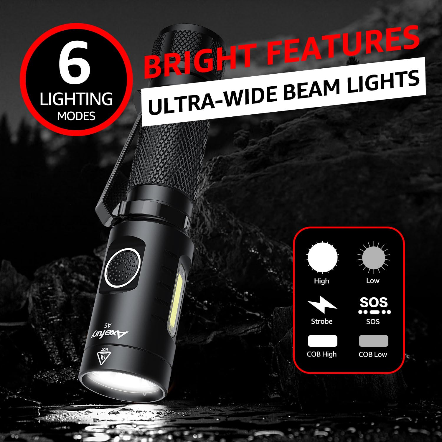 axefury Flashlight, Magnetic LED Flashlight,Small Powerful EDC Flashlight A5 with COB Side Light,700 lumens,6 Modes,2 Types Batteries,Waterproof for Camping, Emergency(Not Included Battery) Gift