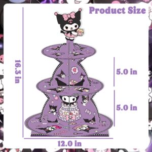 Kawaii Cartoon Birthday Decorations, Purple Cupcake Stand Party Supplies, 3 Tier Paper Cupcake Holder, Dessert Display Stand for Kids Birthday Party Decoration