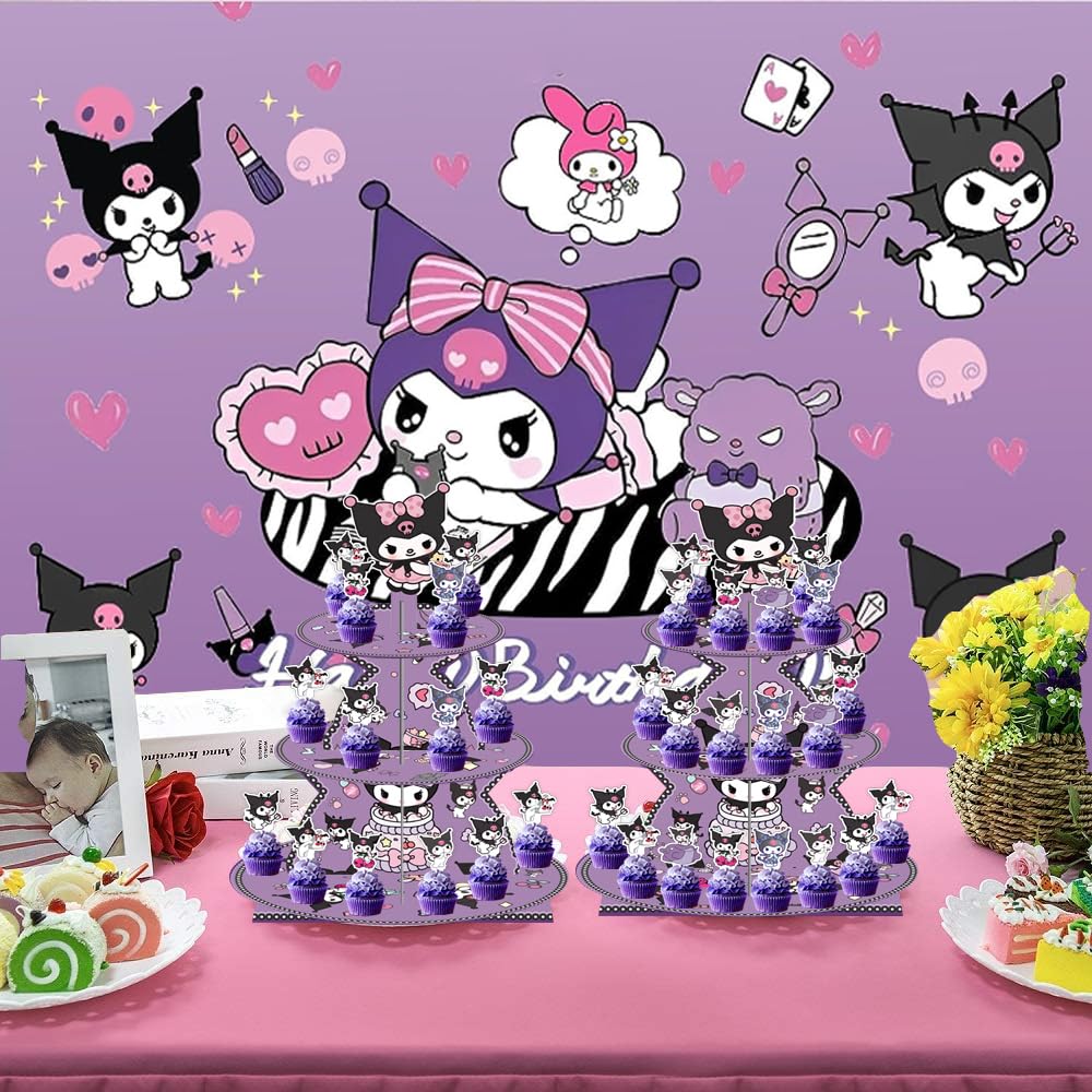 Kawaii Cartoon Birthday Decorations, Purple Cupcake Stand Party Supplies, 3 Tier Paper Cupcake Holder, Dessert Display Stand for Kids Birthday Party Decoration