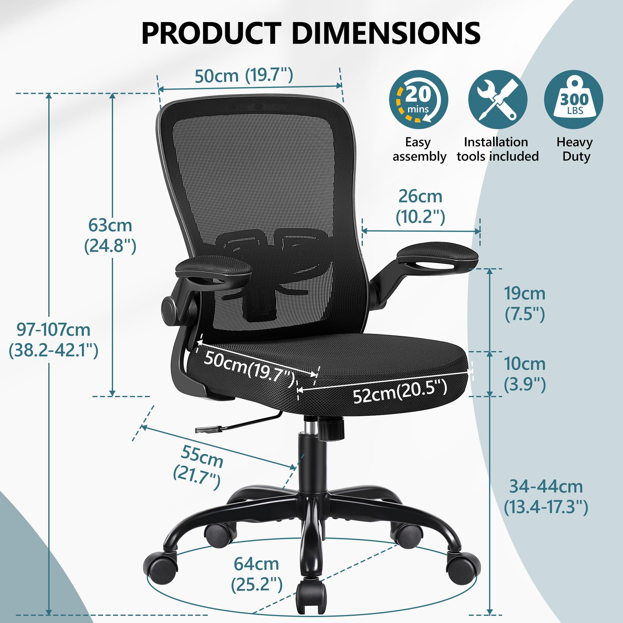 MINLOVE Office Chair Ergonomic Desk Chair with Adjustable Lumbar Support and Height, 90° Flip-up Armrests, Ergo Desk Chairs with Wheels, 360° Swivel Mesh Chair, Home Work Use (Black)