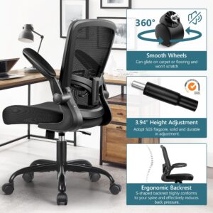 MINLOVE Office Chair Ergonomic Desk Chair with Adjustable Lumbar Support and Height, 90° Flip-up Armrests, Ergo Desk Chairs with Wheels, 360° Swivel Mesh Chair, Home Work Use (Black)