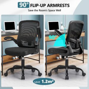 MINLOVE Office Chair Ergonomic Desk Chair with Adjustable Lumbar Support and Height, 90° Flip-up Armrests, Ergo Desk Chairs with Wheels, 360° Swivel Mesh Chair, Home Work Use (Black)