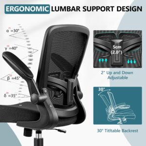 MINLOVE Office Chair Ergonomic Desk Chair with Adjustable Lumbar Support and Height, 90° Flip-up Armrests, Ergo Desk Chairs with Wheels, 360° Swivel Mesh Chair, Home Work Use (Black)