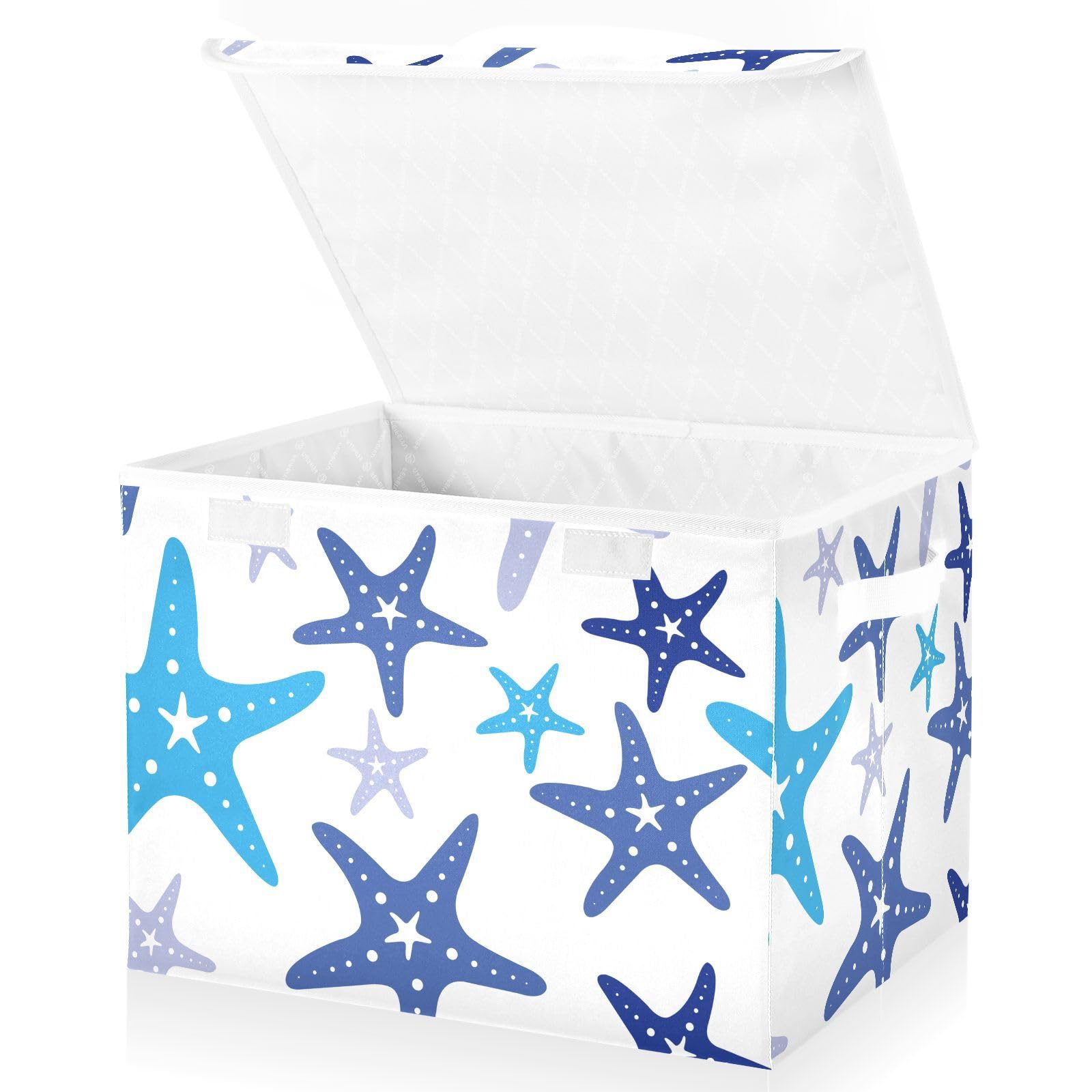 ALAZA Collapsible Large Storage Bin with Lid, Blue Starfish Foldable Storage Cube Box Organizer Basket with Handles, Clothes Blanket Box for Shelves, Closet, Nursery, Playroom