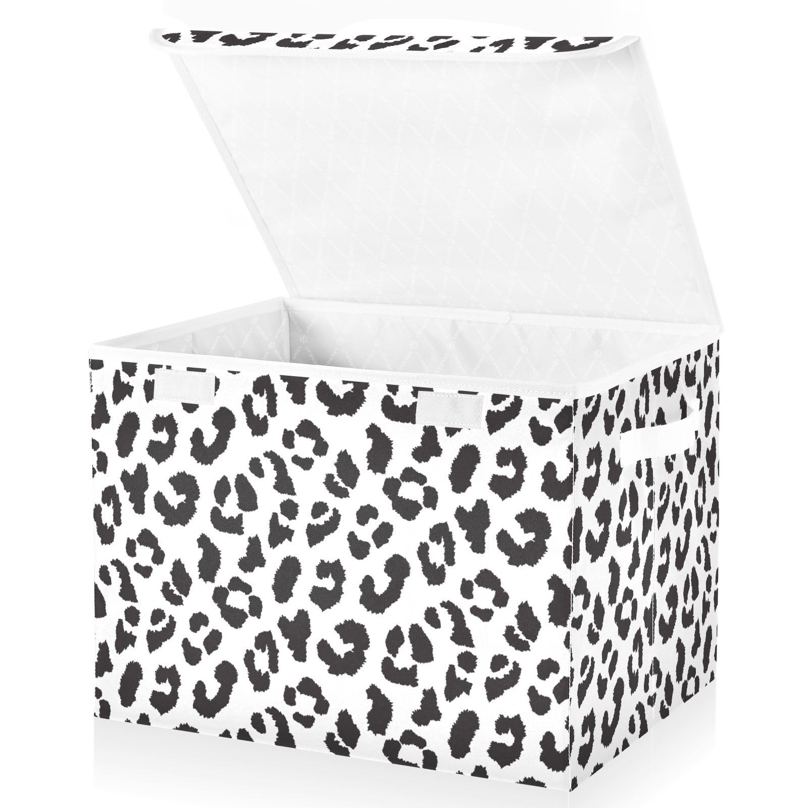 ALAZA Collapsible Large Storage Bin with Lid, Black White Leopard Foldable Storage Cube Box Organizer Basket with Handles, Clothes Blanket Box for Shelves, Closet, Nursery, Playroom