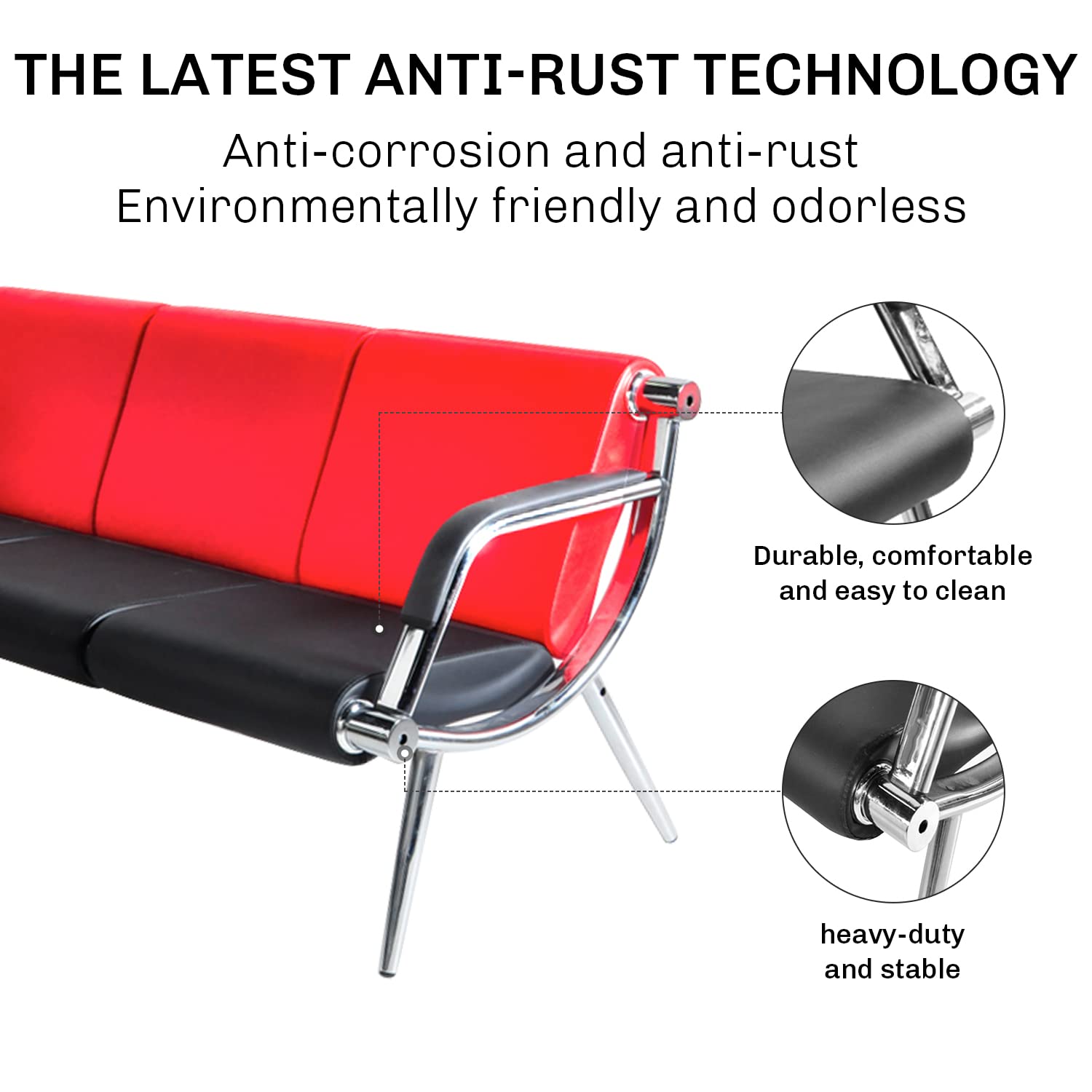 Waiting Room Bench with Armrest 3 Seat Red Black PU Leather Office Furniture Guest Seating Lobby Conference Reception Chair Visitor Guest Sofa for Office Airport Clinic Hospital Bank Salon Barber