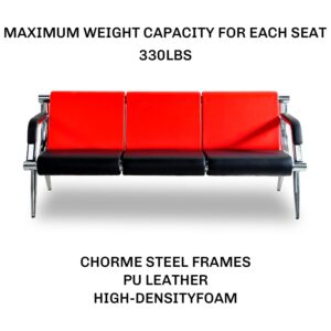 Waiting Room Bench with Armrest 3 Seat Red Black PU Leather Office Furniture Guest Seating Lobby Conference Reception Chair Visitor Guest Sofa for Office Airport Clinic Hospital Bank Salon Barber