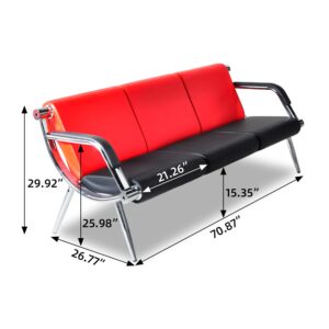 Waiting Room Bench with Armrest 3 Seat Red Black PU Leather Office Furniture Guest Seating Lobby Conference Reception Chair Visitor Guest Sofa for Office Airport Clinic Hospital Bank Salon Barber