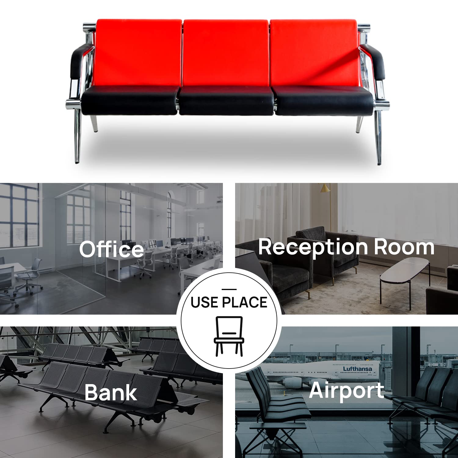 Waiting Room Bench with Armrest 3 Seat Red Black PU Leather Office Furniture Guest Seating Lobby Conference Reception Chair Visitor Guest Sofa for Office Airport Clinic Hospital Bank Salon Barber