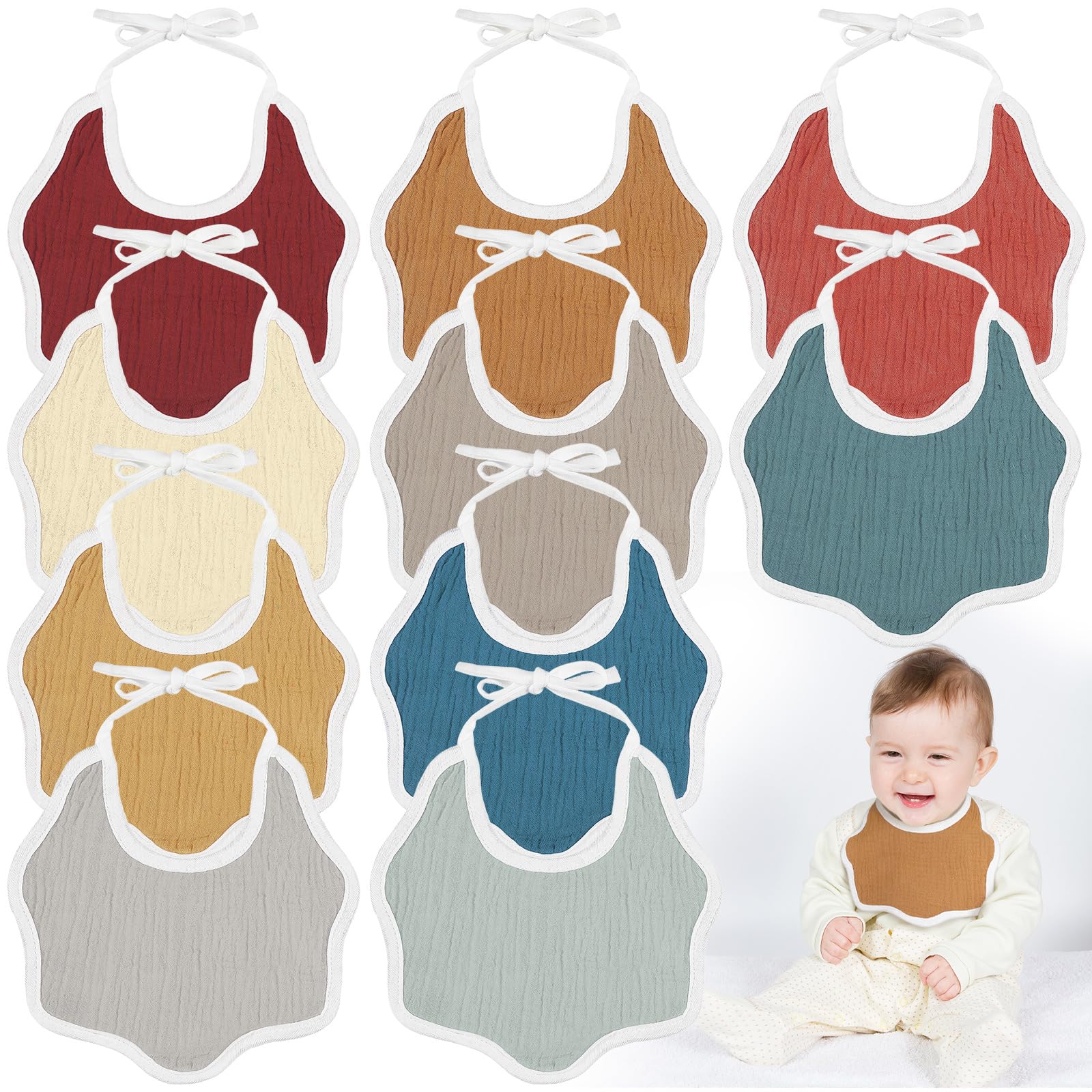 Liitrsh 10 Pcs Baby Bibs Drool Teething Muslin Bibs Adjustable with Ties Soft Absorbent Cotton Unisex Cloth Newborn Bibs Solid Colors for Toddler Infant Boys Girls Spit up