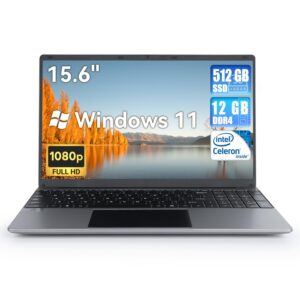 ugrihach 15.6" laptop computer, intel celeron n5095 processors,12gb ram, 512gb ssd, full hd 1080p display, usb 3.0, bluetooth 4.2, type-c, hdmi, 38000mwh battery, pre-install windows 11.