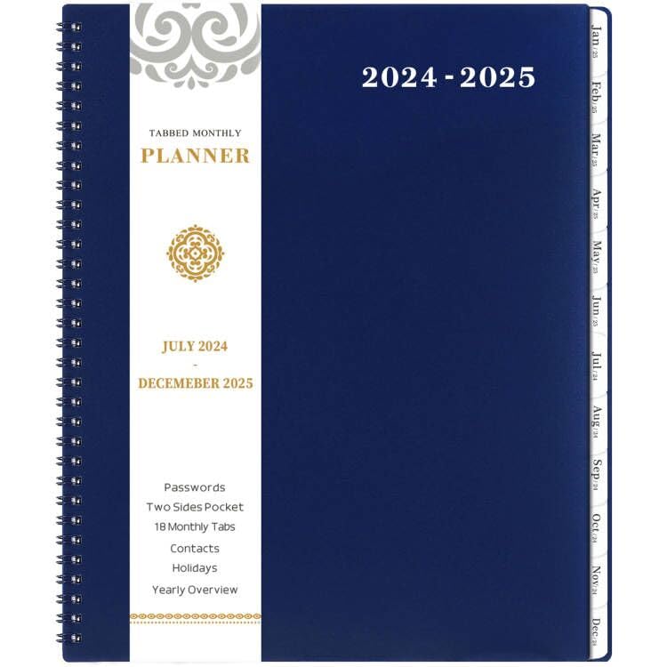 2024-2025 Monthly Planner - Monthly Planner/Calendar 2024-2025, Jul. 2024 - Dec. 2025, 9'' x 11'', 18 Months Planner, Sticky Tabs, Back Pocket - Navy