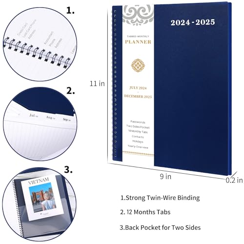 2024-2025 Monthly Planner - Monthly Planner/Calendar 2024-2025, Jul. 2024 - Dec. 2025, 9'' x 11'', 18 Months Planner, Sticky Tabs, Back Pocket - Navy