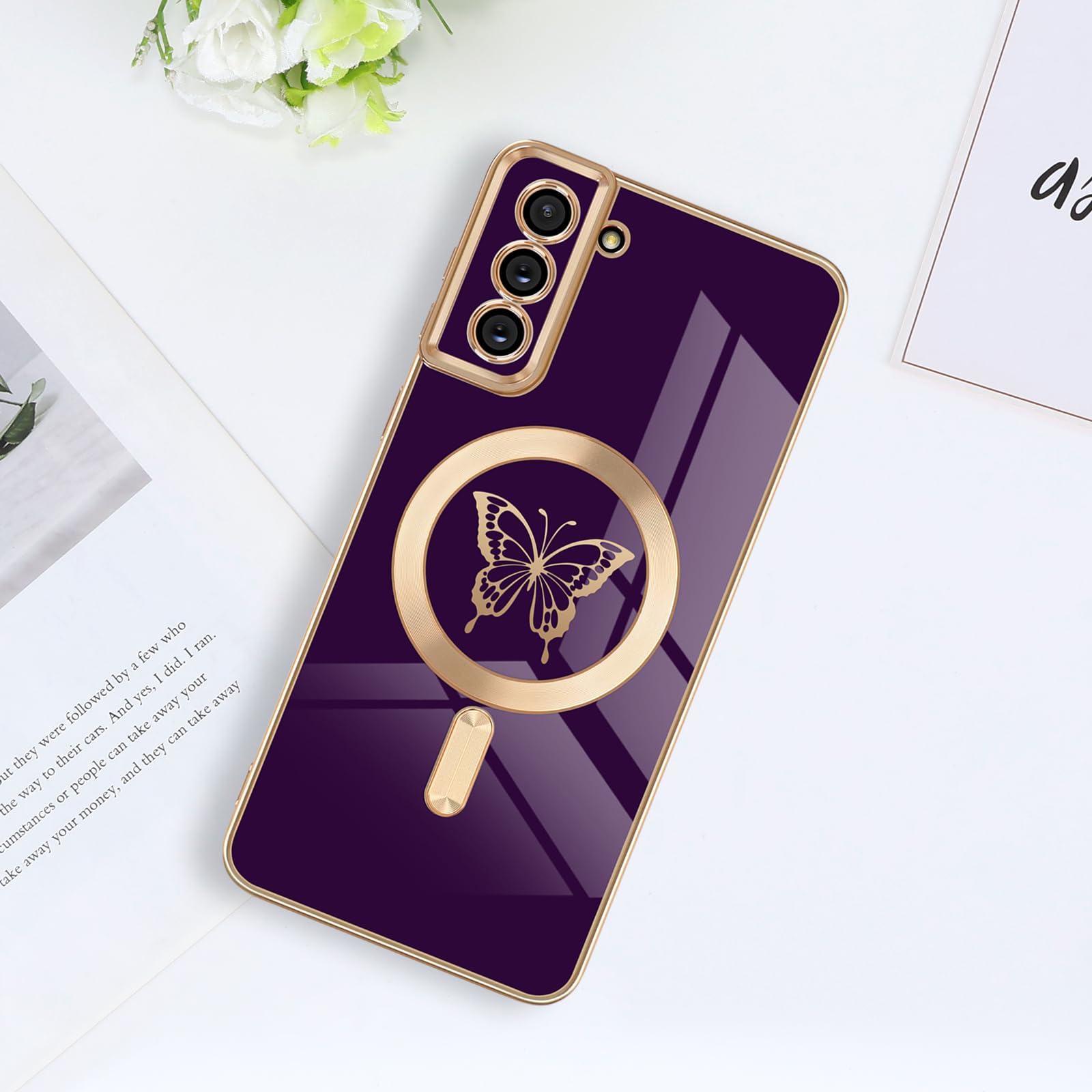 Newseego for Samsung Galaxy S21 Plus 5G Magnetic Case, Cute Butterfly Plating Edge Case with MagSafe for Women Girls Men Soft TPU Bumper Shockproof Protective Cover for Samsung Galaxy S21 Plus-Purple