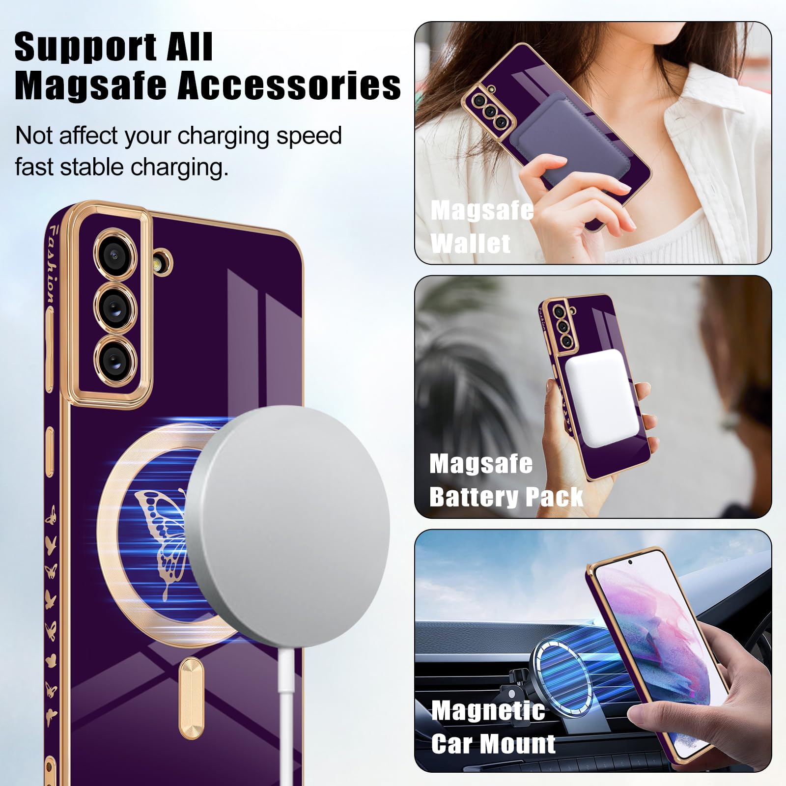 Newseego for Samsung Galaxy S21 Plus 5G Magnetic Case, Cute Butterfly Plating Edge Case with MagSafe for Women Girls Men Soft TPU Bumper Shockproof Protective Cover for Samsung Galaxy S21 Plus-Purple