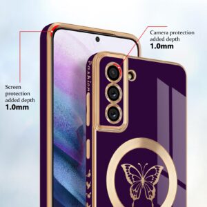 Newseego for Samsung Galaxy S21 Plus 5G Magnetic Case, Cute Butterfly Plating Edge Case with MagSafe for Women Girls Men Soft TPU Bumper Shockproof Protective Cover for Samsung Galaxy S21 Plus-Purple