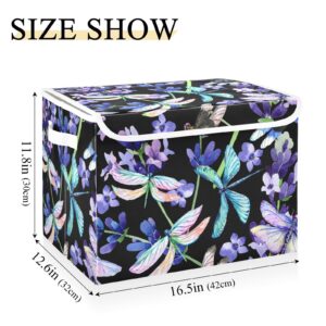 ALAZA Collapsible Large Storage Bin with Lid, Lavender Dragonfly Foldable Storage Cube Box Organizer Basket with Handles, Clothes Blanket Box for Shelves, Closet, Nursery, Playroom