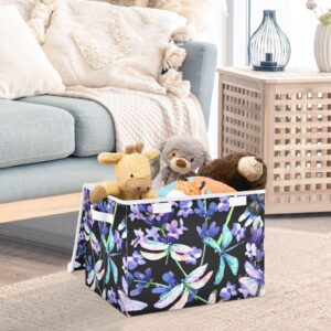 ALAZA Collapsible Large Storage Bin with Lid, Lavender Dragonfly Foldable Storage Cube Box Organizer Basket with Handles, Clothes Blanket Box for Shelves, Closet, Nursery, Playroom