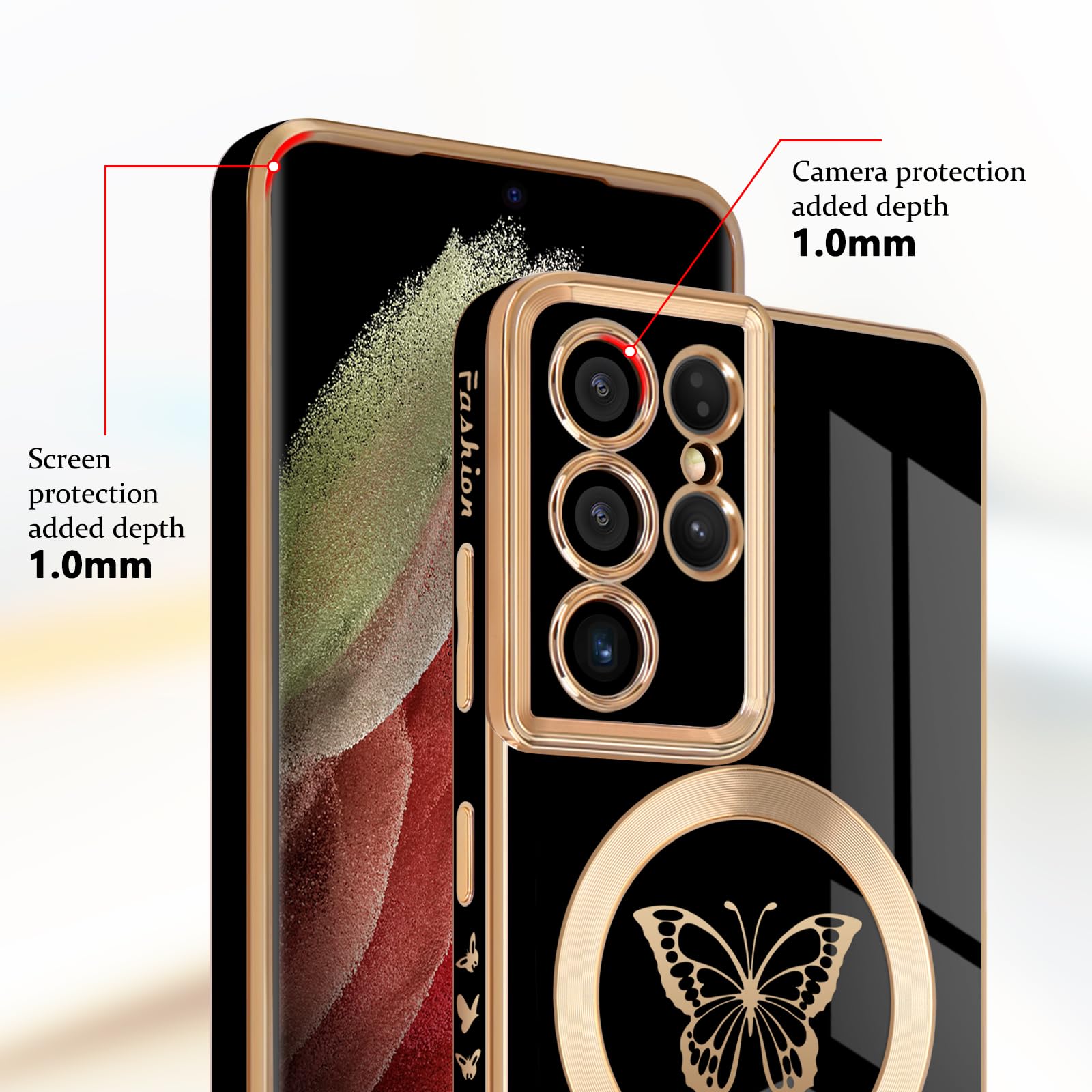 Newseego for Samsung Galaxy S21 Ultra 5G Magnetic Case, Cute Butterfly Plating Edge Case with MagSafe for Women Girls Men Soft TPU Bumper Shockproof Protective Cover for Samsung Galaxy S21 Ultra-Black