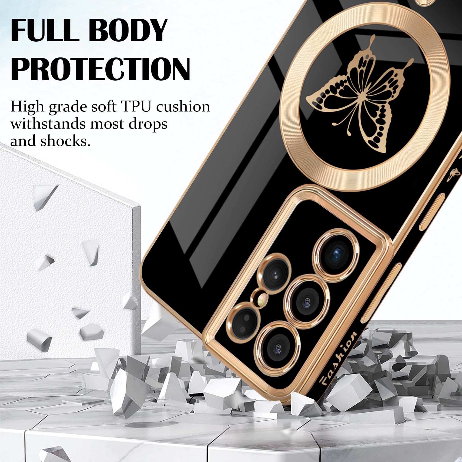 Newseego for Samsung Galaxy S21 Ultra 5G Magnetic Case, Cute Butterfly Plating Edge Case with MagSafe for Women Girls Men Soft TPU Bumper Shockproof Protective Cover for Samsung Galaxy S21 Ultra-Black