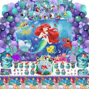 260 pcs little mermaid birthday party supplies, mermaid birthday party decorations, included happy birthday banner, cake & cupcake topper, balloons, invitation cards,backdrop, tableware and stickers