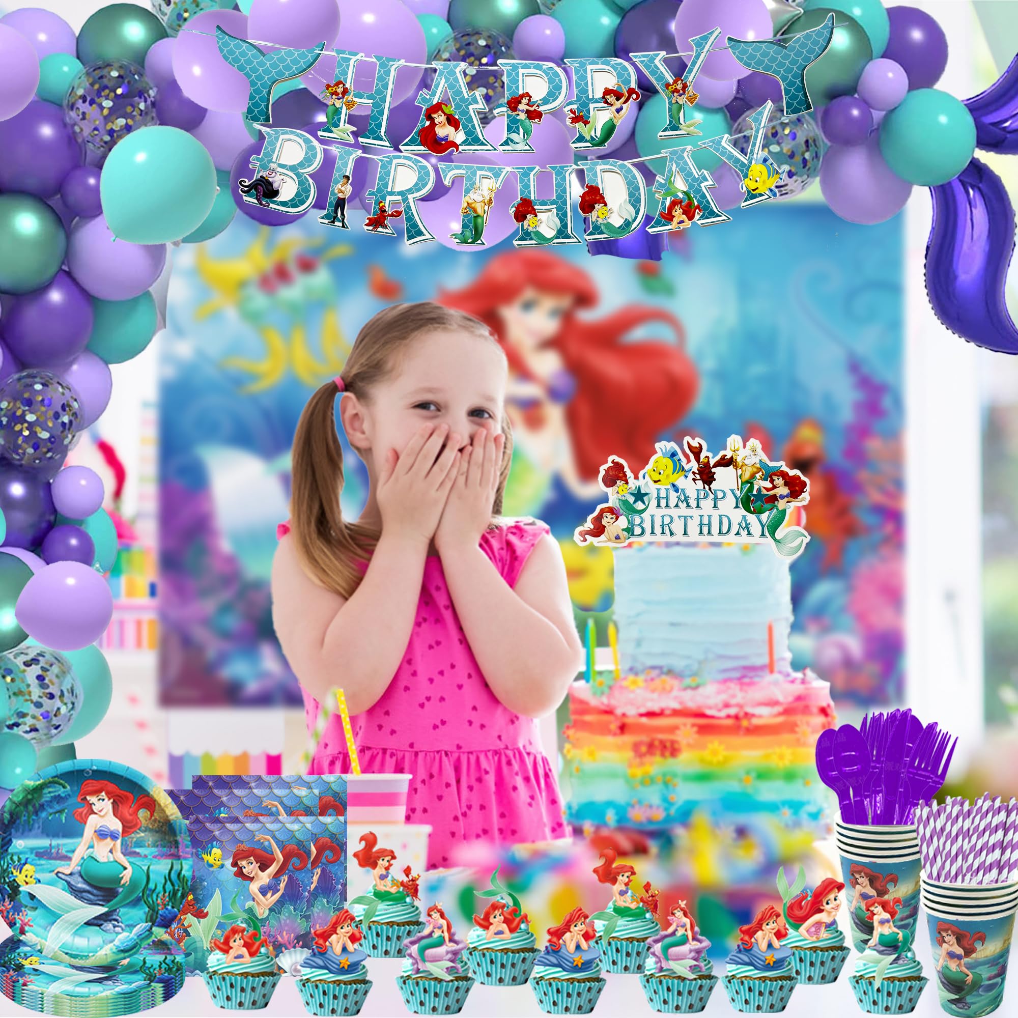 260 PCS Little Mermaid Birthday Party Supplies, Mermaid Birthday Party Decorations, Included Happy Birthday Banner, Cake & Cupcake Topper, Balloons, Invitation Cards,Backdrop, Tableware and Stickers