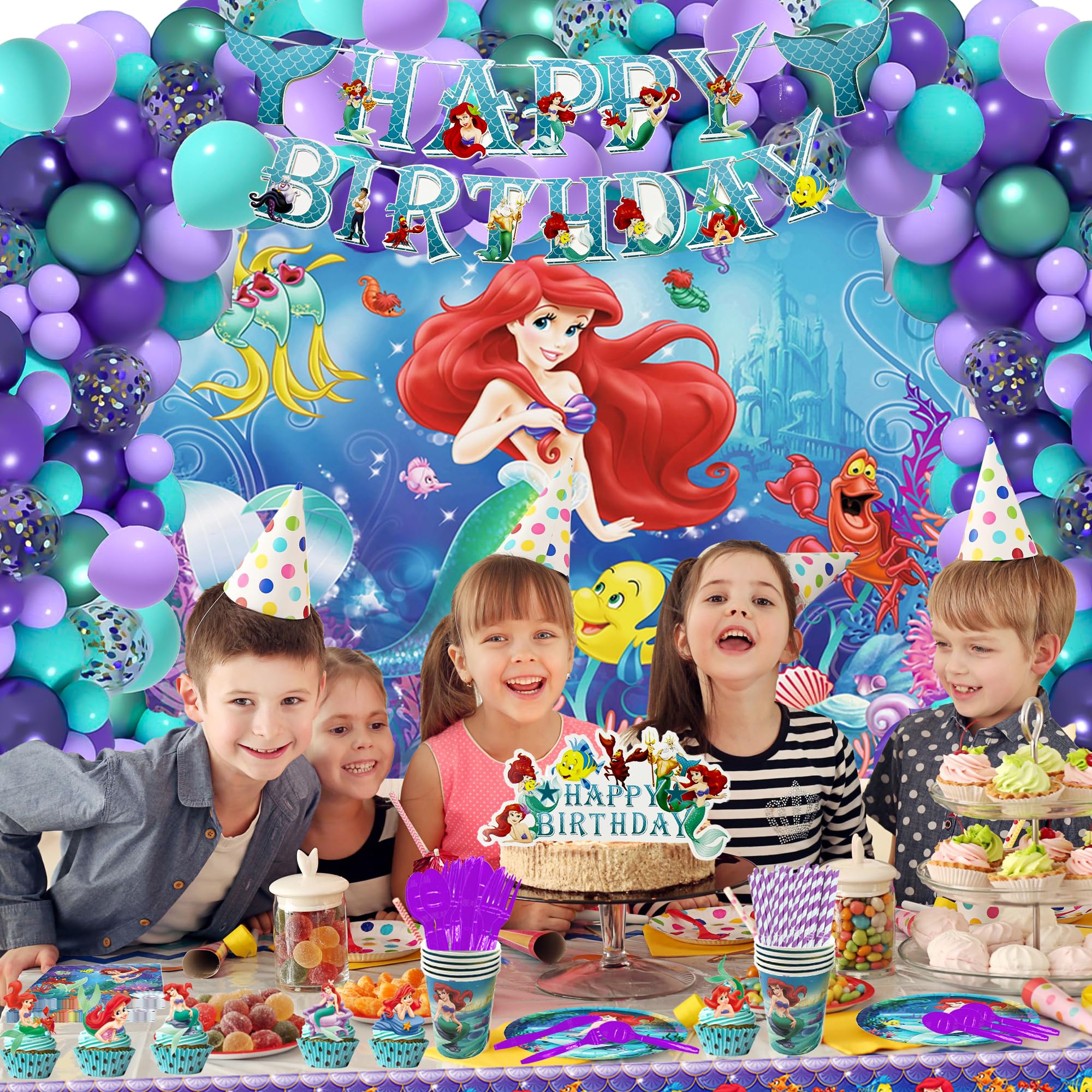 260 PCS Little Mermaid Birthday Party Supplies, Mermaid Birthday Party Decorations, Included Happy Birthday Banner, Cake & Cupcake Topper, Balloons, Invitation Cards,Backdrop, Tableware and Stickers