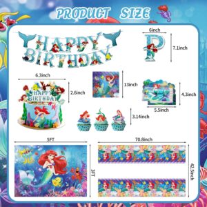 260 PCS Little Mermaid Birthday Party Supplies, Mermaid Birthday Party Decorations, Included Happy Birthday Banner, Cake & Cupcake Topper, Balloons, Invitation Cards,Backdrop, Tableware and Stickers