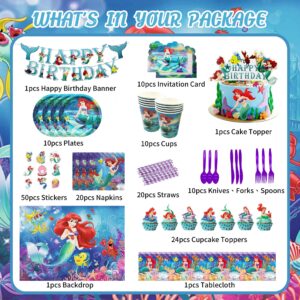 260 PCS Little Mermaid Birthday Party Supplies, Mermaid Birthday Party Decorations, Included Happy Birthday Banner, Cake & Cupcake Topper, Balloons, Invitation Cards,Backdrop, Tableware and Stickers