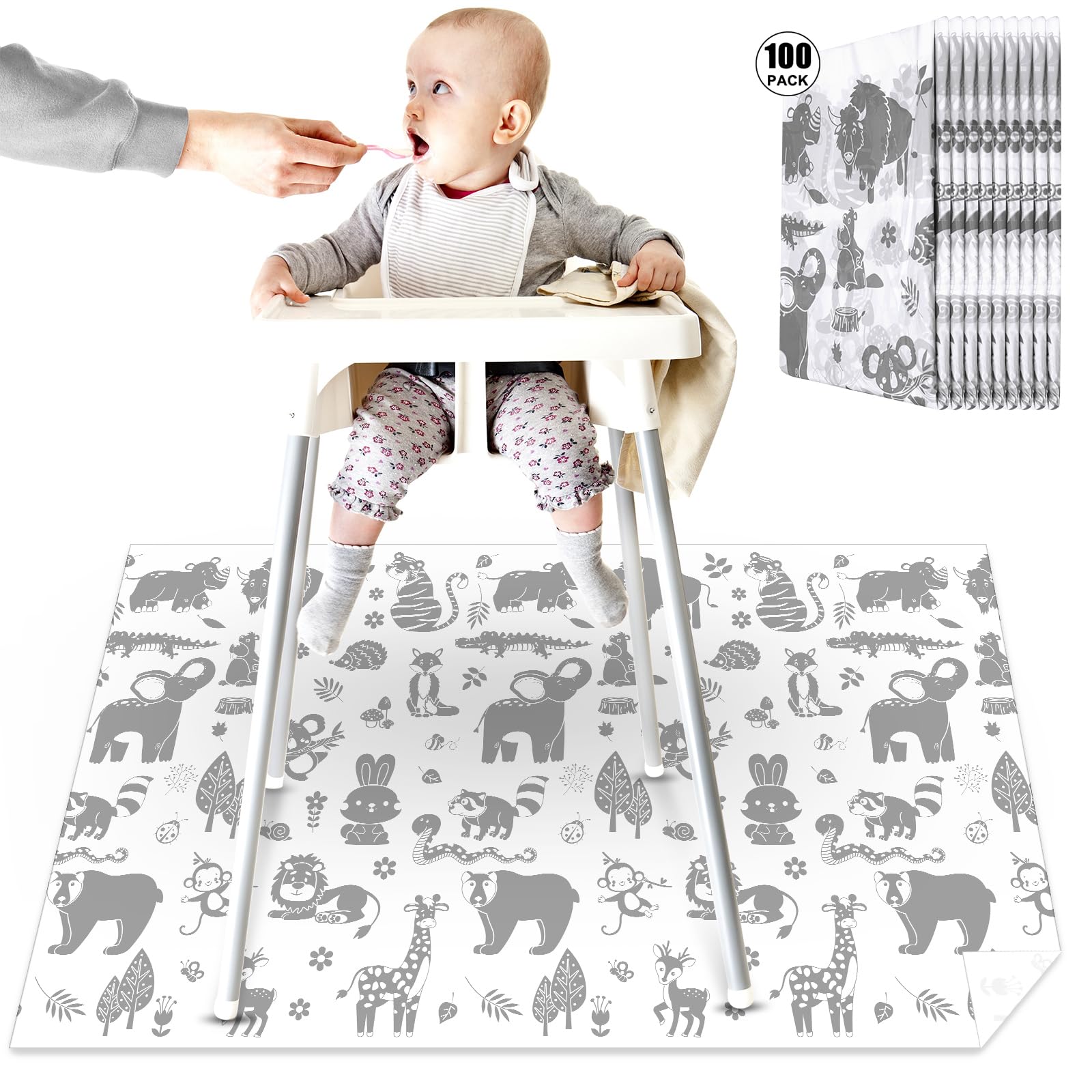 Drydiet 100 Pack 28"x47" Splat Mat for Under High Chair, Disposable Mats with Animals Print, Waterproof High Chair Mat Plastic Floor Mat Multipurpose Mat Baby Led Weaning Supplies (Forest Animal)