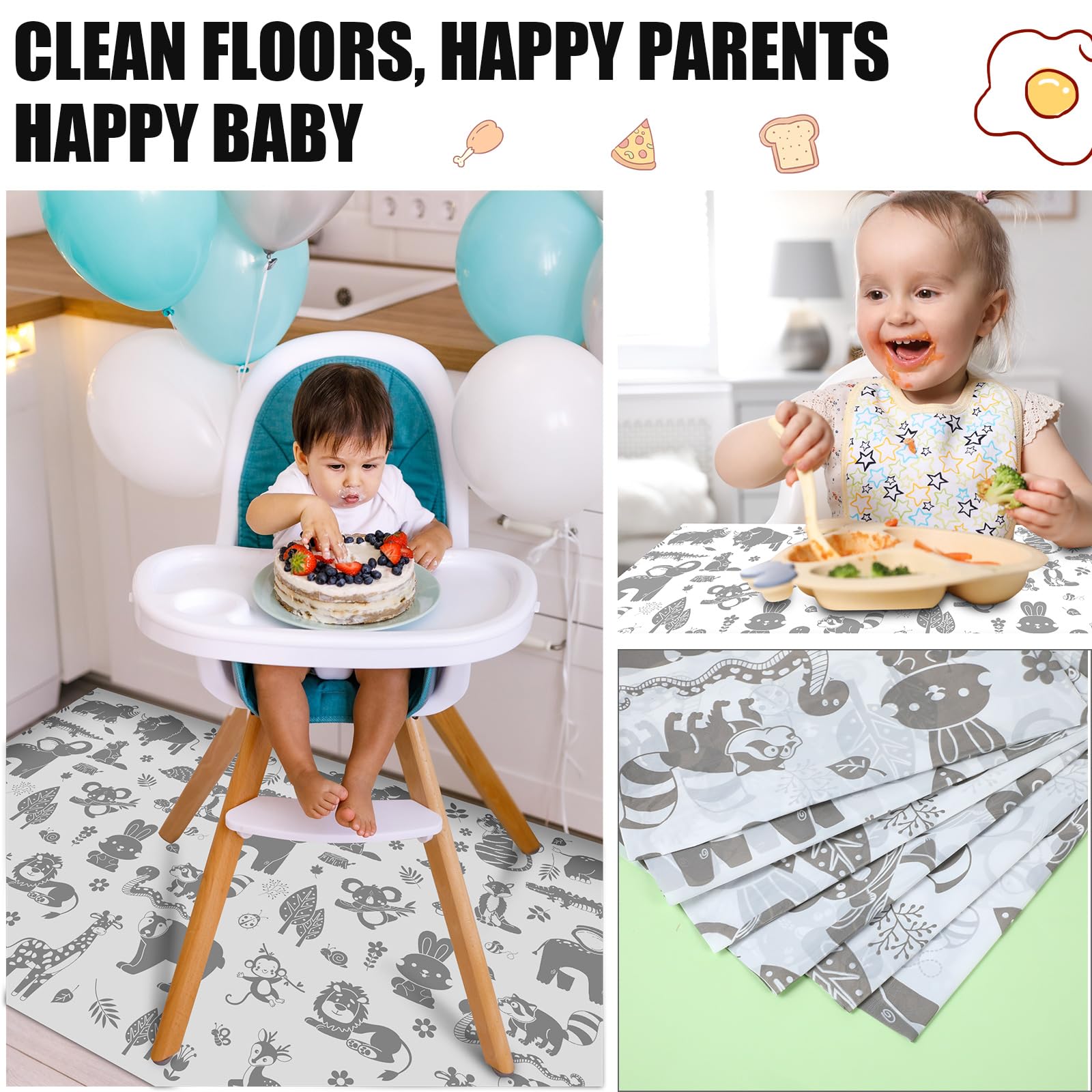 Drydiet 100 Pack 28"x47" Splat Mat for Under High Chair, Disposable Mats with Animals Print, Waterproof High Chair Mat Plastic Floor Mat Multipurpose Mat Baby Led Weaning Supplies (Forest Animal)