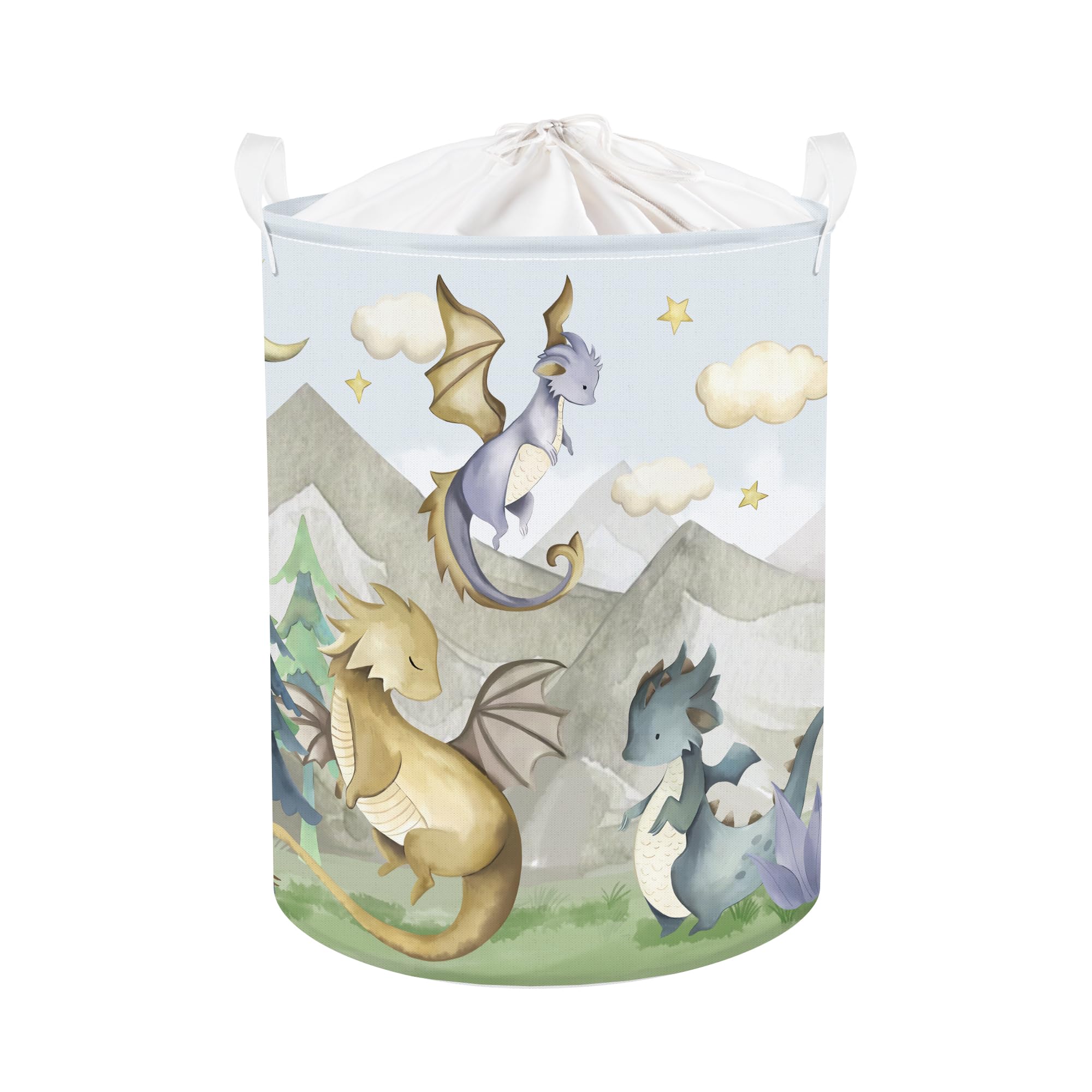 Clastyle 45L Kids Cute Dragon Nursery Hamper Mountain Tree Dirty Clothes Collapsible Laundry Basket Round Cloud Toys Storage Basket with Drawstring