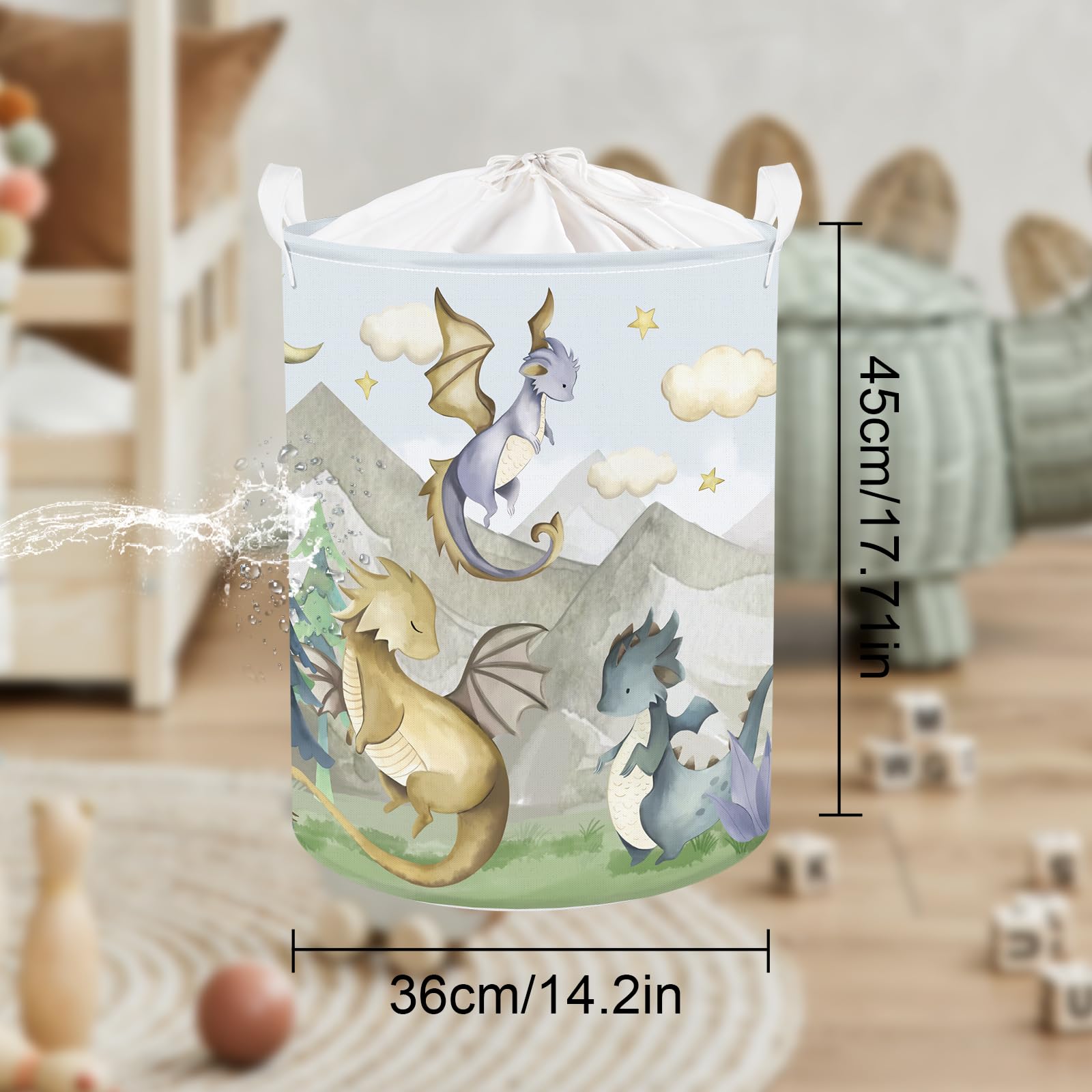 Clastyle 45L Kids Cute Dragon Nursery Hamper Mountain Tree Dirty Clothes Collapsible Laundry Basket Round Cloud Toys Storage Basket with Drawstring