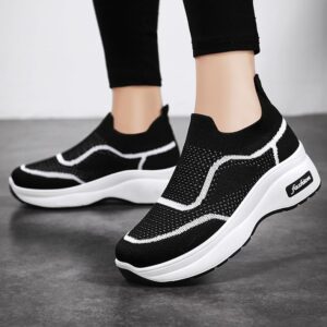 Women's Orthopedic Slip-On Stretch Thick Sole Sneakers with Arch Support,Breathable Comfortable Lightweight Soft Fashion Mesh Sneakers,Outdoor Casual Walking Running Tennis Shoes (Black,8)