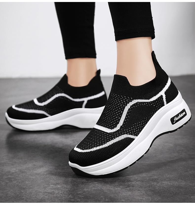 Women's Orthopedic Slip-On Stretch Thick Sole Sneakers with Arch Support,Breathable Comfortable Lightweight Soft Fashion Mesh Sneakers,Outdoor Casual Walking Running Tennis Shoes (Black,8)