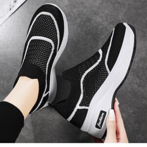 Women's Orthopedic Slip-On Stretch Thick Sole Sneakers with Arch Support,Breathable Comfortable Lightweight Soft Fashion Mesh Sneakers,Outdoor Casual Walking Running Tennis Shoes (Black,8)