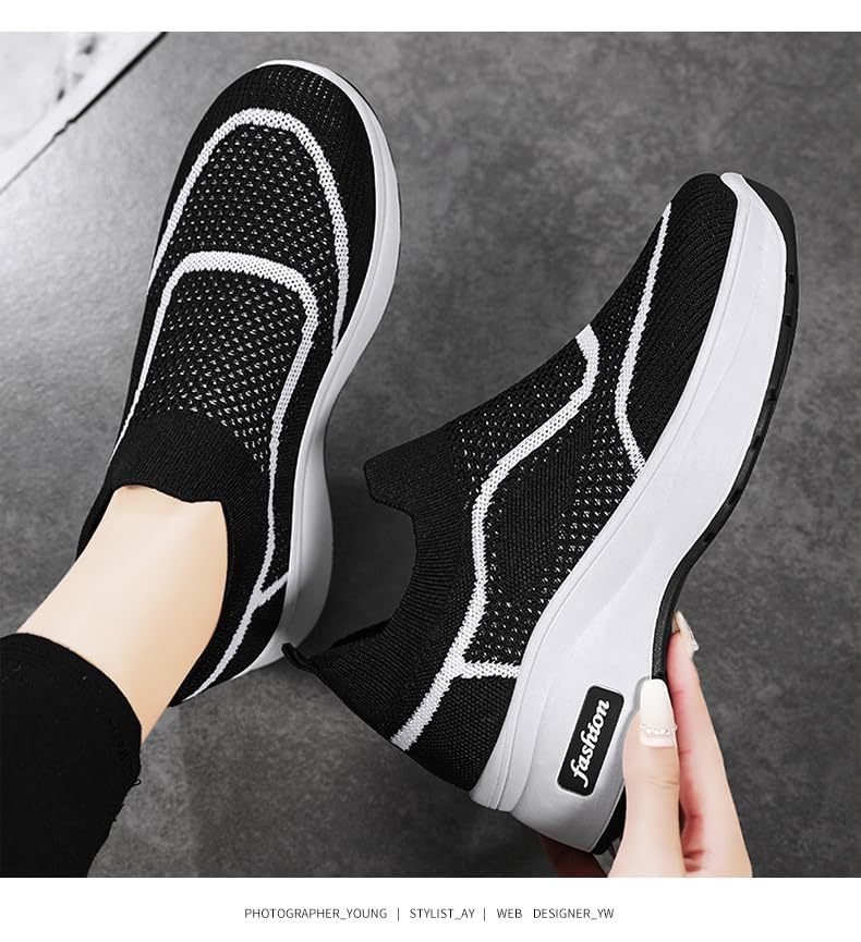 Women's Orthopedic Slip-On Stretch Thick Sole Sneakers with Arch Support,Breathable Comfortable Lightweight Soft Fashion Mesh Sneakers,Outdoor Casual Walking Running Tennis Shoes (Black,8)