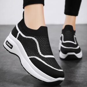 Women's Orthopedic Slip-On Stretch Thick Sole Sneakers with Arch Support,Breathable Comfortable Lightweight Soft Fashion Mesh Sneakers,Outdoor Casual Walking Running Tennis Shoes (Black,8)