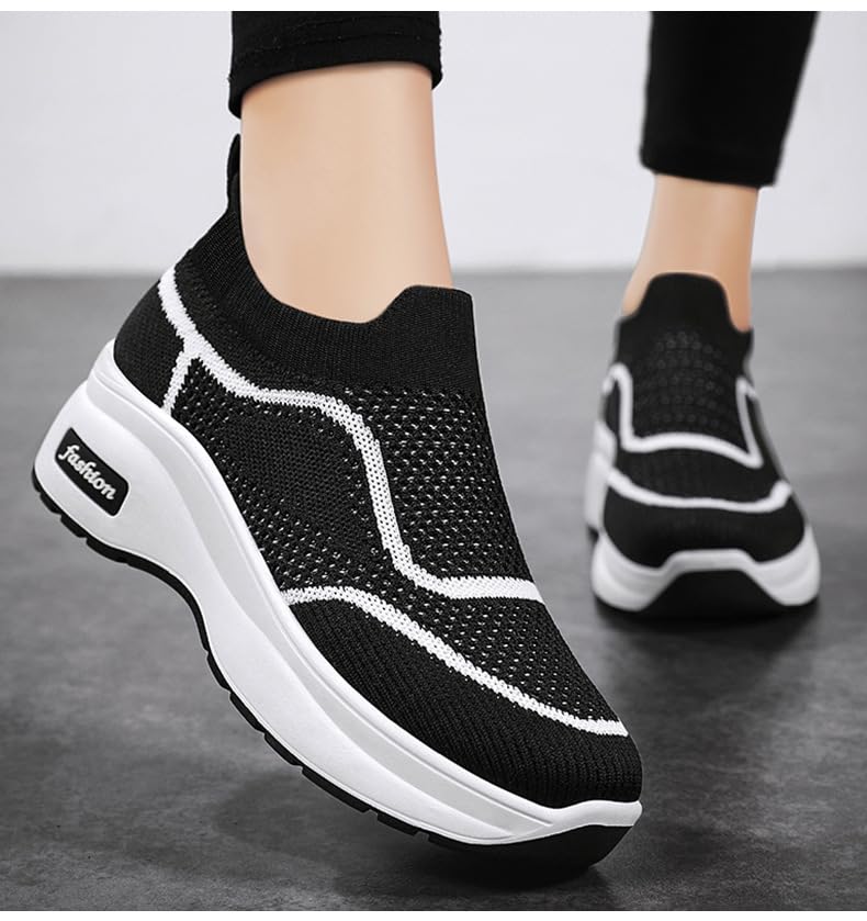 Women's Orthopedic Slip-On Stretch Thick Sole Sneakers with Arch Support,Breathable Comfortable Lightweight Soft Fashion Mesh Sneakers,Outdoor Casual Walking Running Tennis Shoes (Black,8)