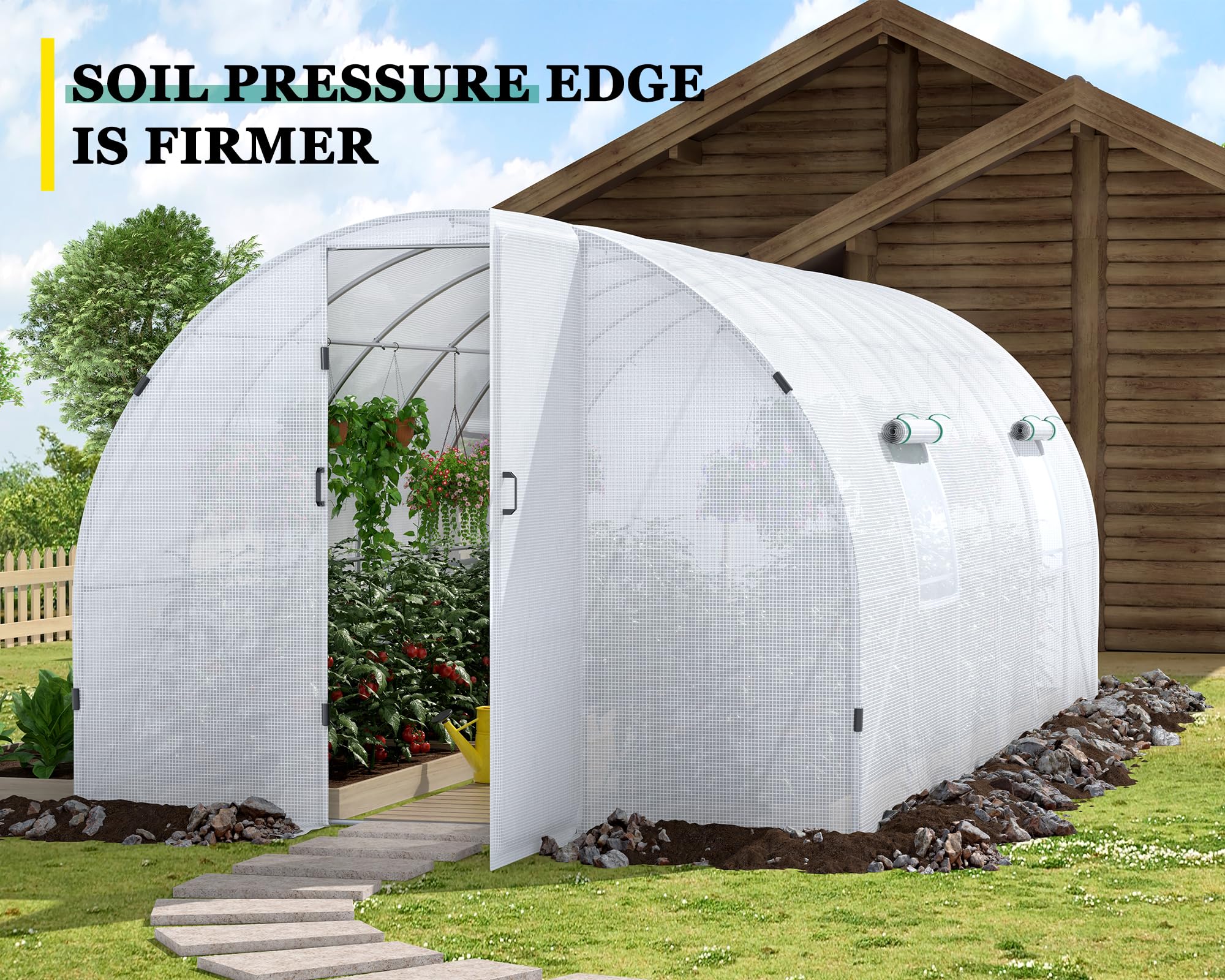 Papababe 20x10x7.5 FT Extra high Large Walk-in Greenhouse for Outdoors, Upgraded Swing Door, Heavy Duty Galvanized Steel Frame Tunnel Greenhouse kit, Reinforced PE Cover & Film Clips, White