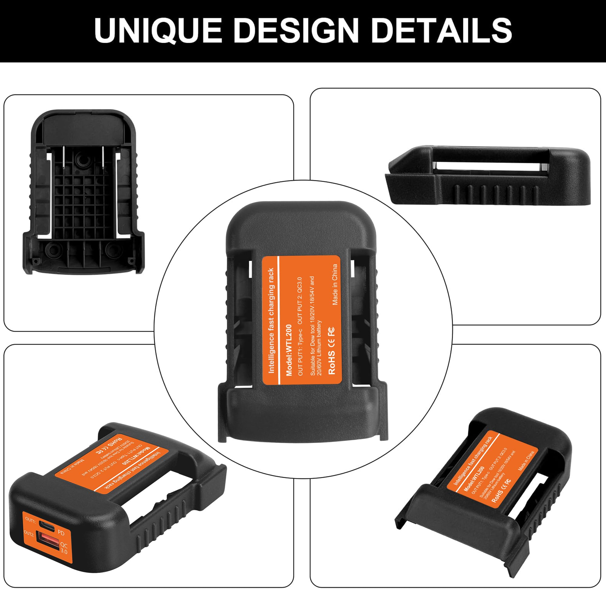 Xinriga 2 Packs Black USB Charger Adapter, Compatible with Dewalt 20V 60V Max Battery, with Type-C Fast Charging and USB Ports (Adapter Only)