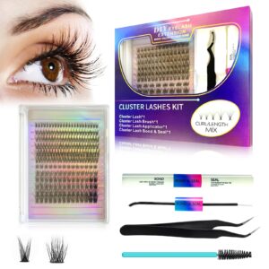 elubbikok diy eyelash extension kit with 222pcs eyelash clusters, eyelash glue and eyelash tweezers, eyelash extension beginner's kit, 3d natural curl personal eyelash set