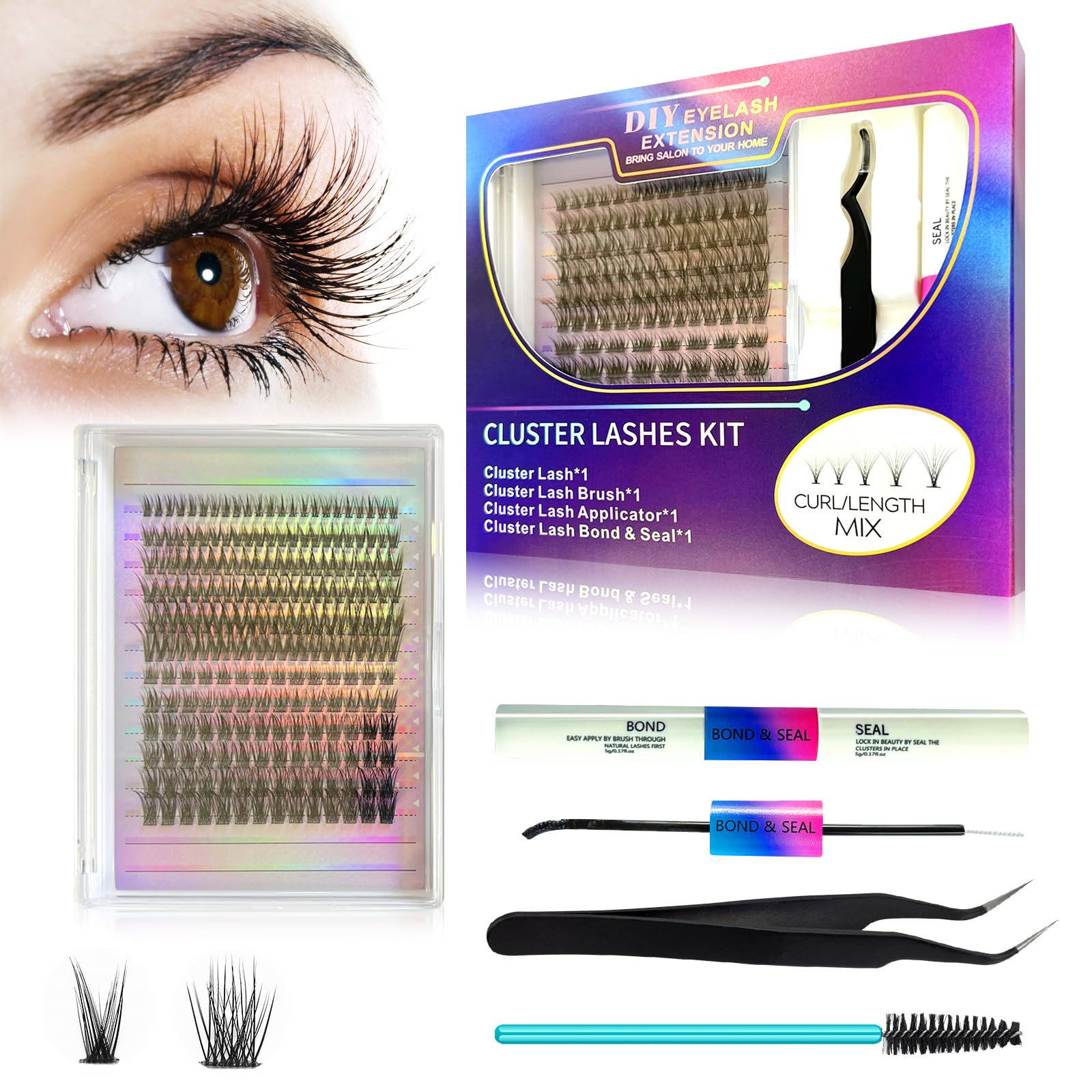 Elubbikok DIY Eyelash Extension Kit with 222PCS Eyelash Clusters, Eyelash Glue and Eyelash Tweezers, Eyelash Extension Beginner's Kit, 3D Natural Curl Personal Eyelash Set