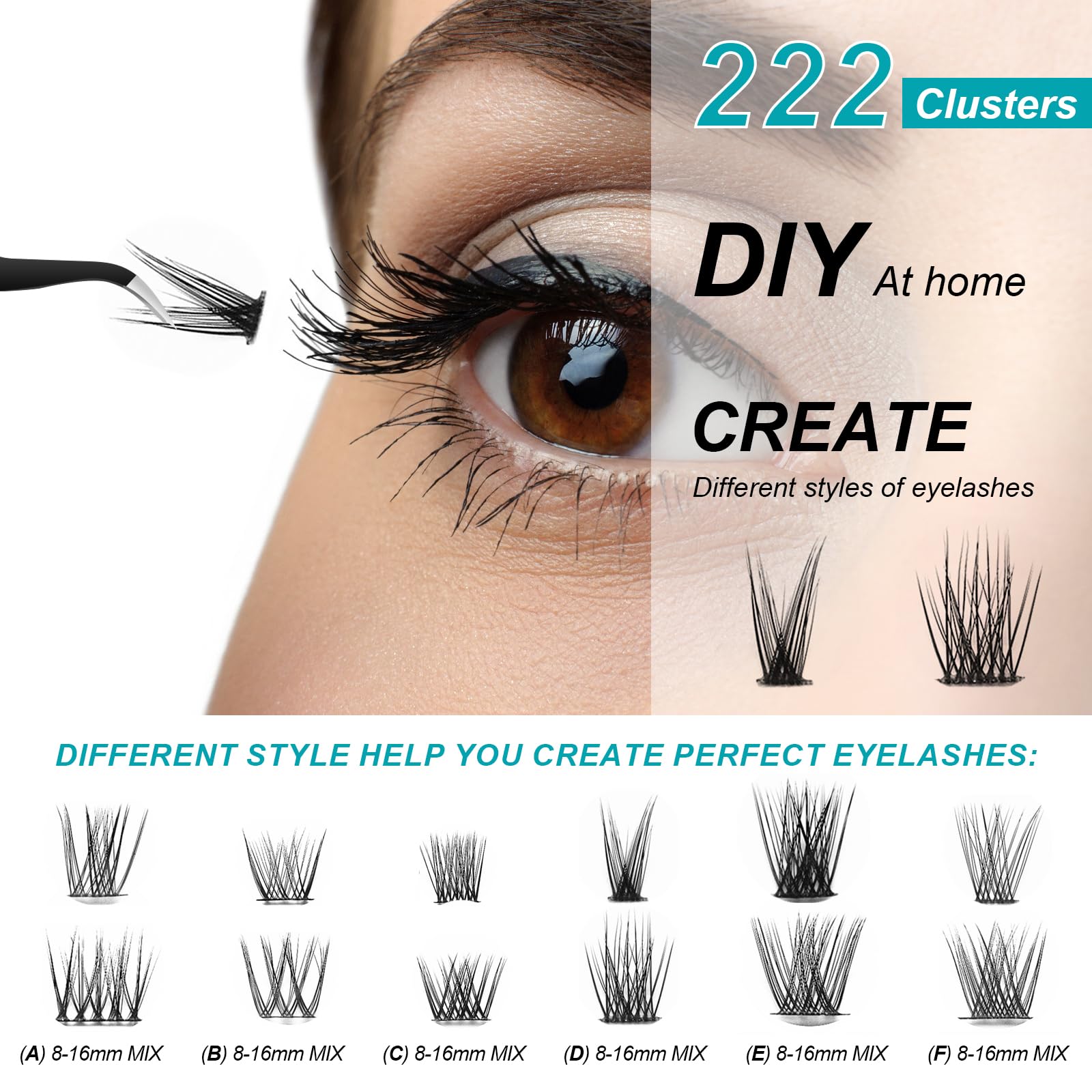 Elubbikok DIY Eyelash Extension Kit with 222PCS Eyelash Clusters, Eyelash Glue and Eyelash Tweezers, Eyelash Extension Beginner's Kit, 3D Natural Curl Personal Eyelash Set