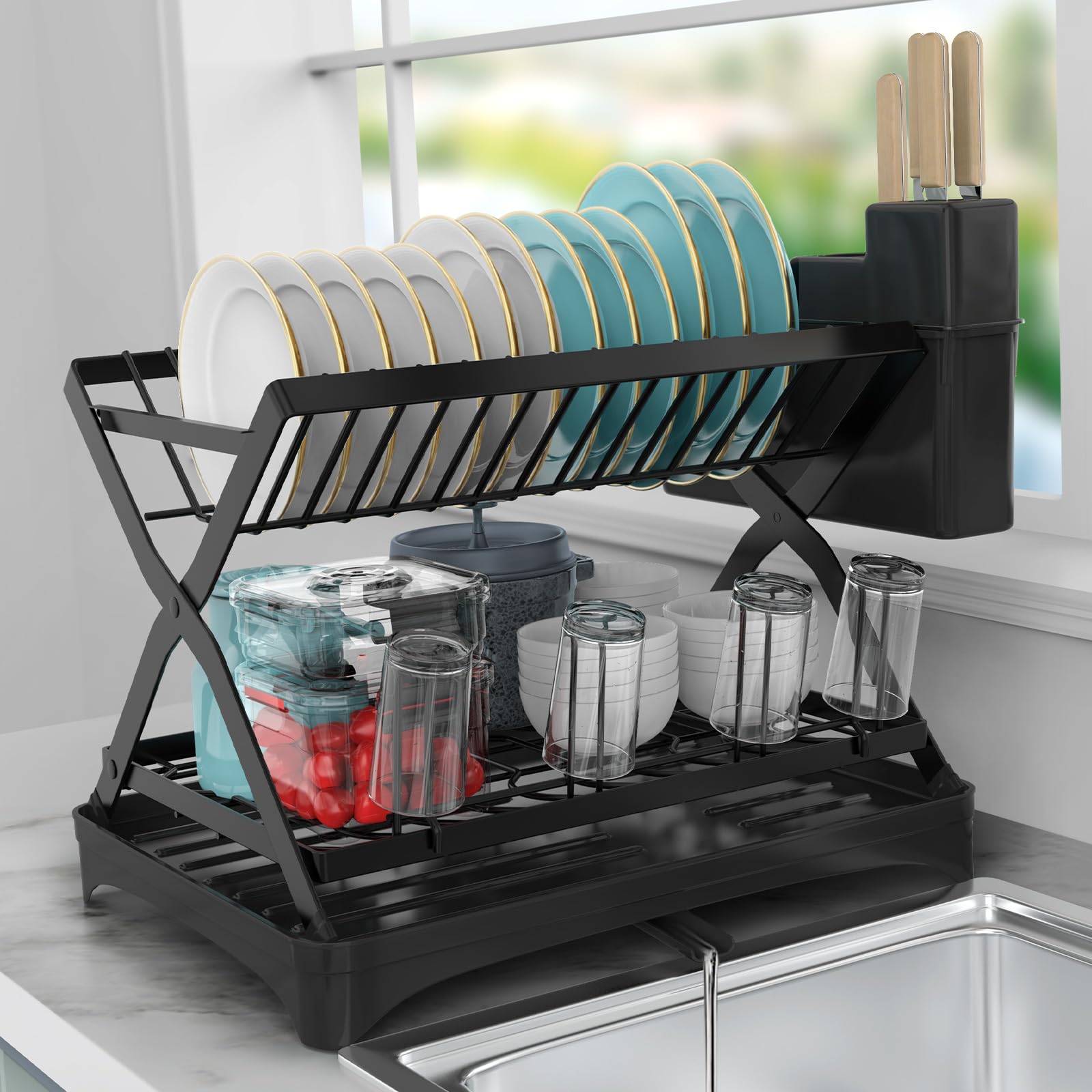 2-Tier Dish Drying Rack, Multifunctional Dish Rack for Kitchen Counter, Rustproof Kitchen Dish Drying Rack,Space-Saving Dish Drying Rack with Utensil Holder,Cups Holder,Extra Drying Mat,Large-Capacity